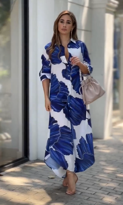 Abstract Floral Print Full Length Shirt Dress – Dress Styler
